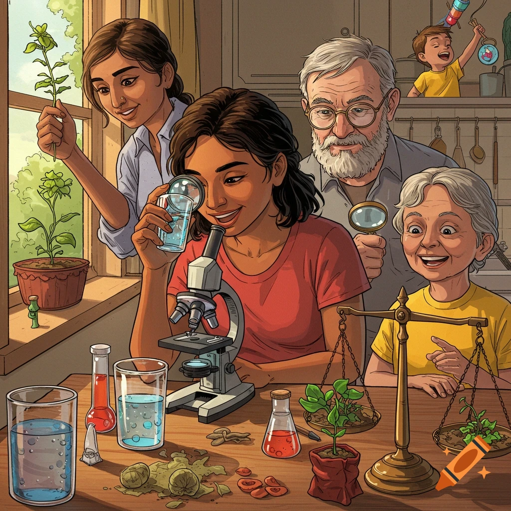 An illustration of a family doing a science experiment with plants, a ...