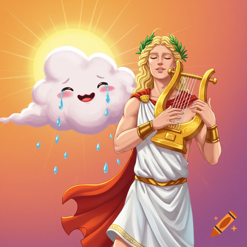Apollo playing music, cloud shedding tears, sun peeking out on Craiyon