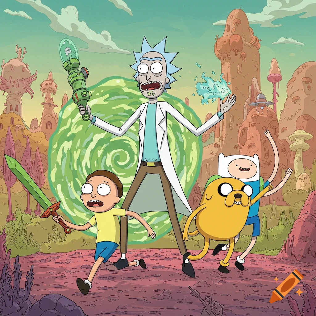 Rick and Morty with Finn and Jake running through an alien landscape on ...