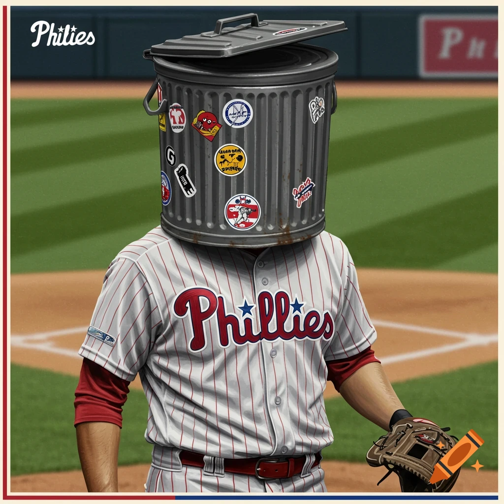 A baseball player in a Phillies uniform is wearing a trash can on his ...