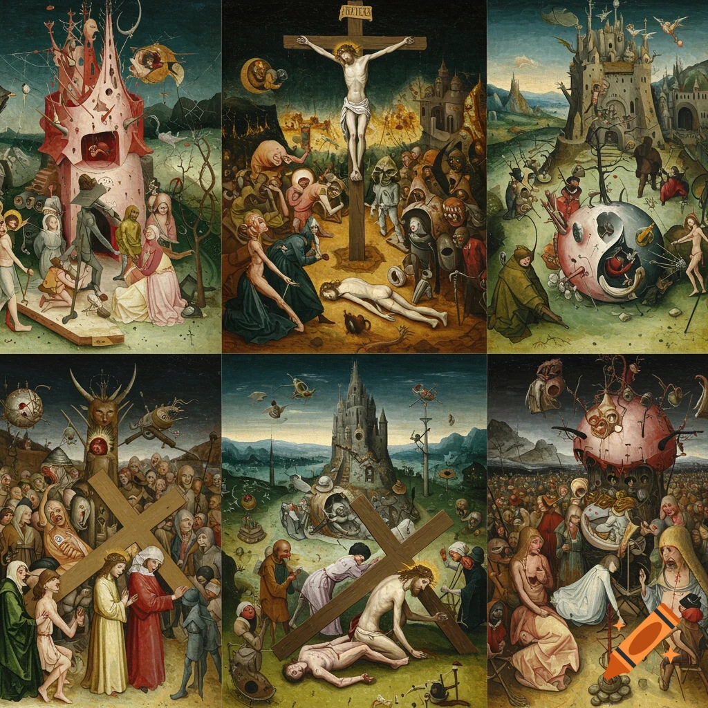Multiple panels showing the Stations of the Cross in a Hieronymus Bosch ...