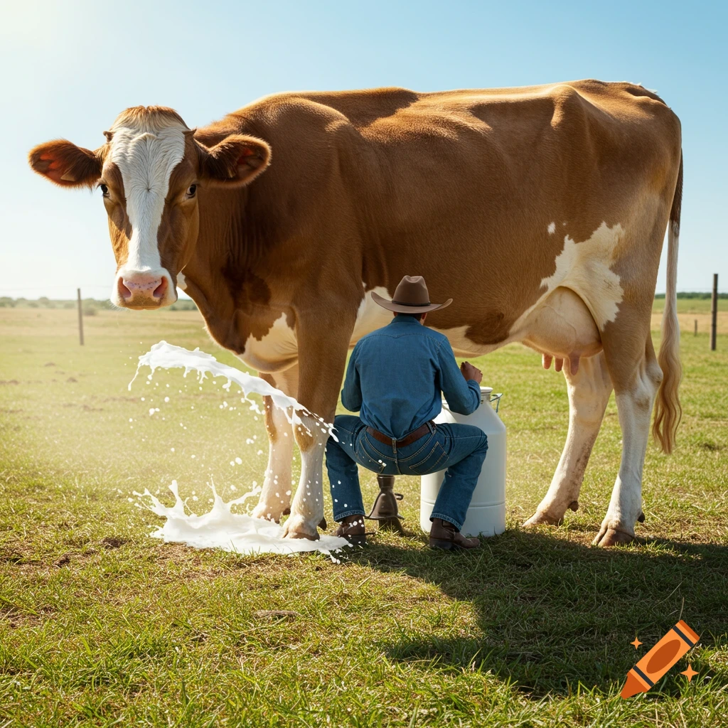 A brown and white cow with blades of grass in its mouth stands in a ...