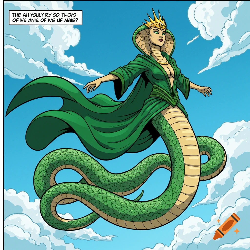 A comic panel shows a mythological creature with a woman's body and a snake tail flying in the ...