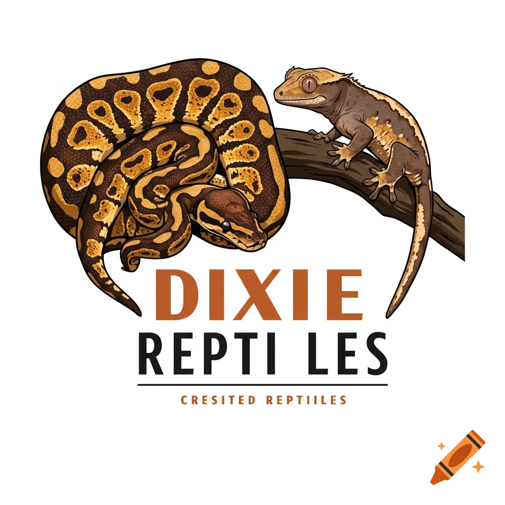 Dixie Reptiles logo with ball python and crested gecko on Craiyon