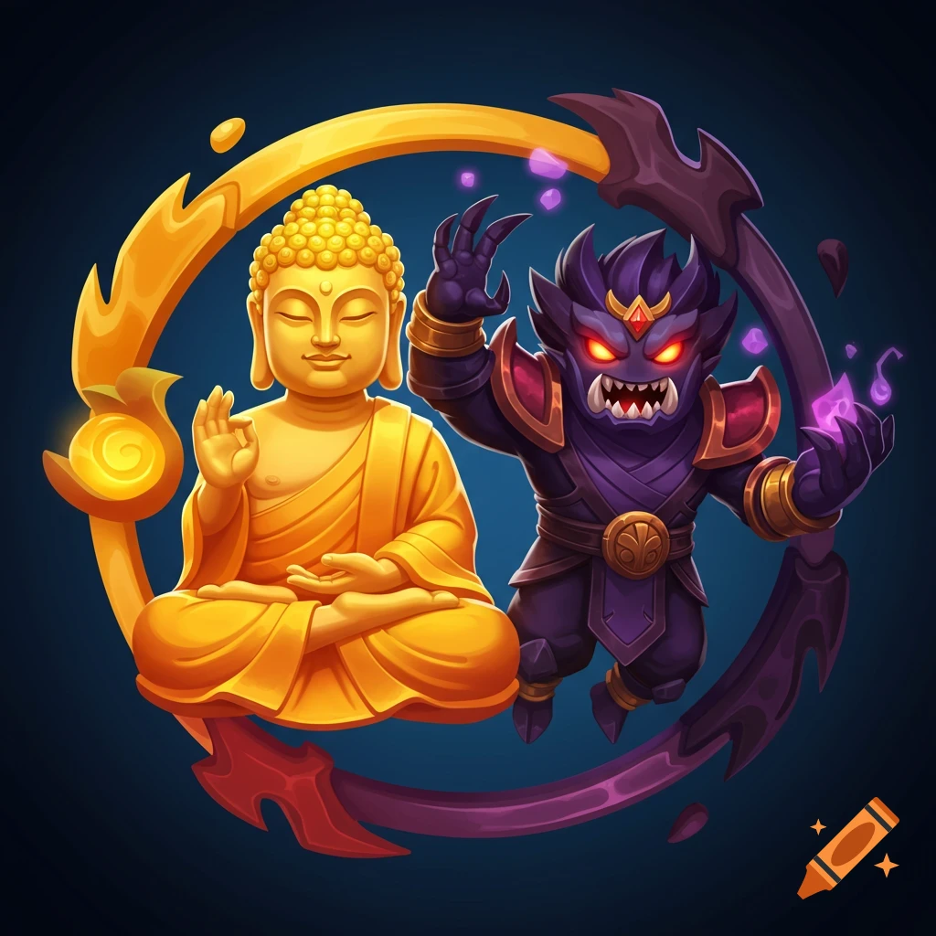 Stylized logo with golden Buddha meditating next to a purple monster in ...