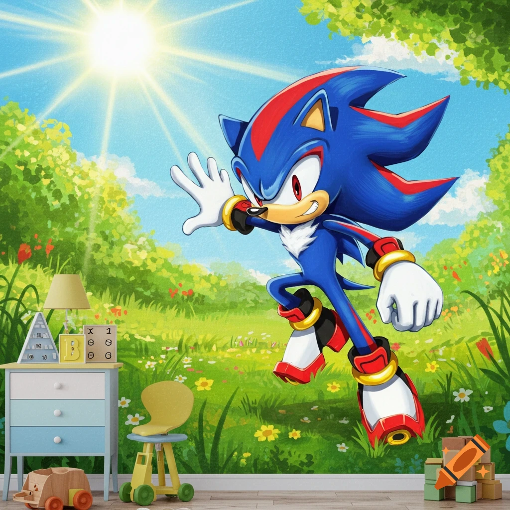 Blue and red hedgehog character jumping in a sunny meadow. on Craiyon