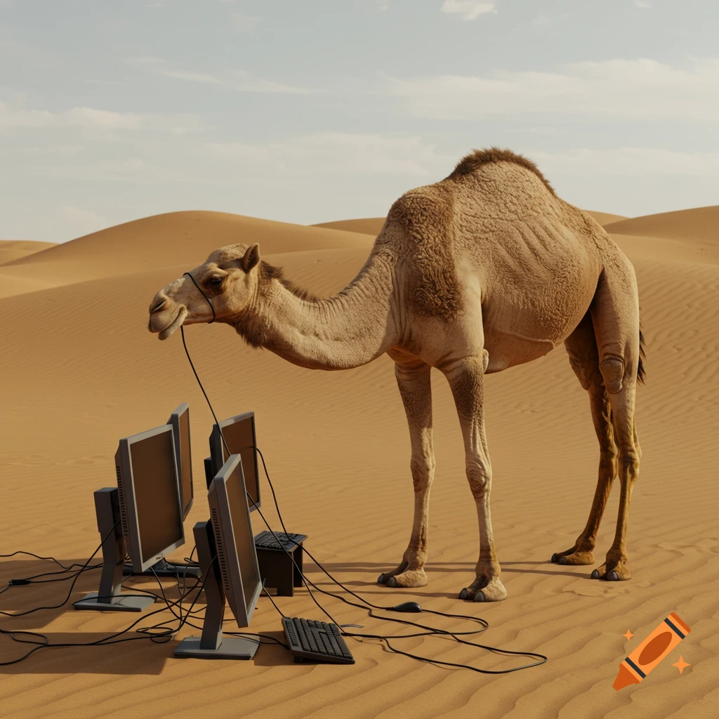 A realistic image of a camel standing among several computer monitors and keyboards in a desert ...