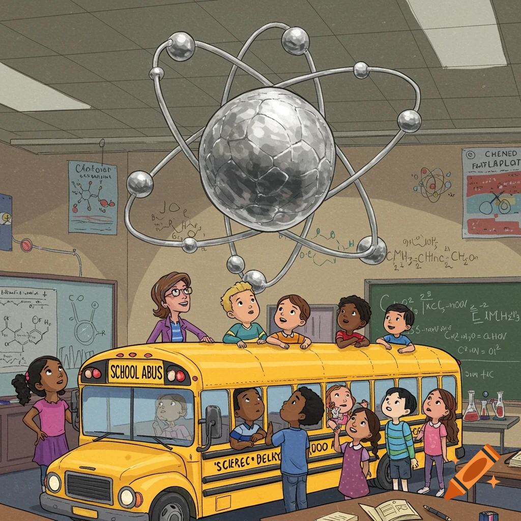 Ms. Frizzle and students on the Magic School Bus looking at an atom. on ...