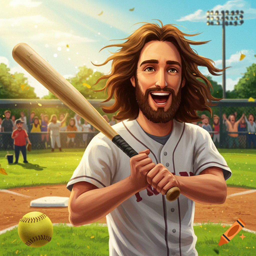 Jesus holds a baseball bat on a field, smiling, with a crowd in the ...