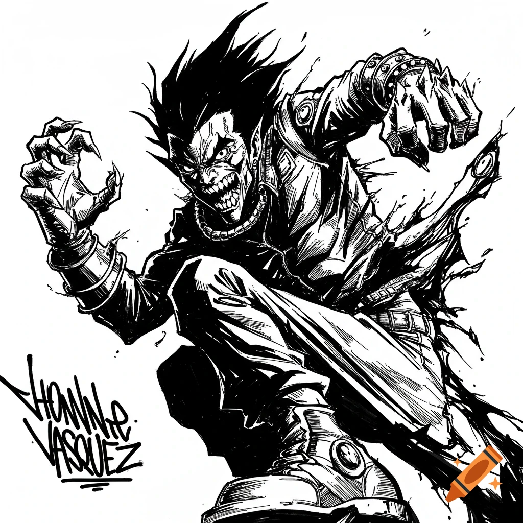 Jhonnen Vasquez style art in black and white with heavy ink on Craiyon