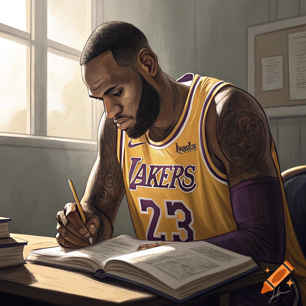 LeBron James in Lakers jersey studying on Craiyon