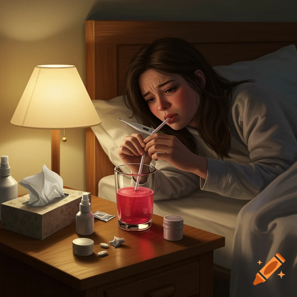 Sick girl in bed drinking potion illustration on Craiyon