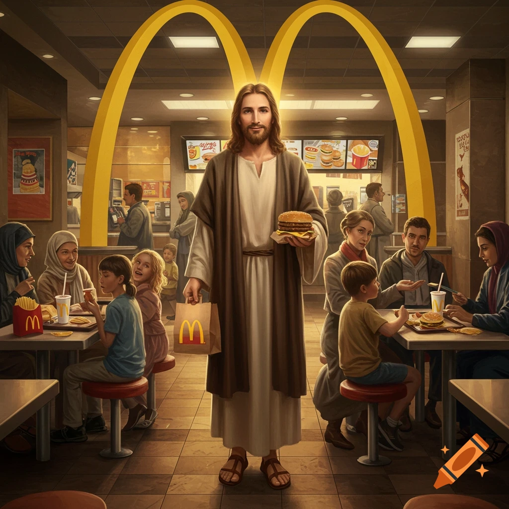 Jesus buying McDonald's food order at the counter on Craiyon