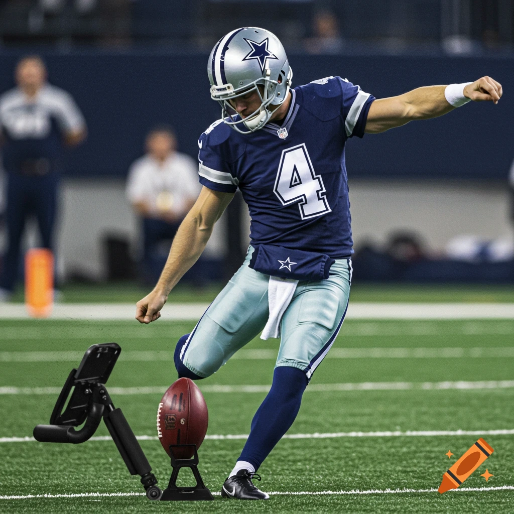 Dallas Cowboys football player kicking football on Craiyon