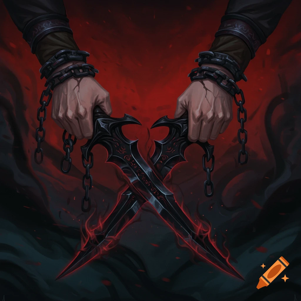 Chained hands hold two crossed black daggers with red glowing edges ...