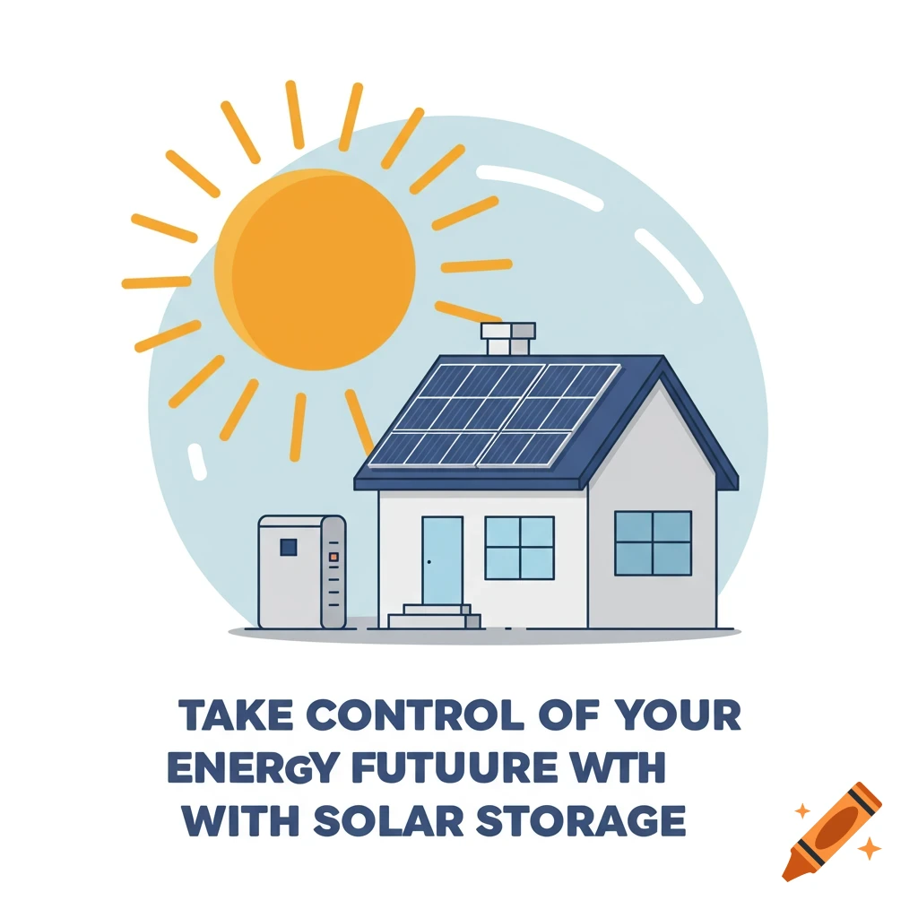 Modern home with solar panels and battery storage, featuring text ...