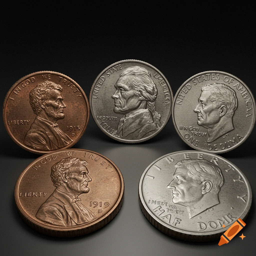 Drawings of a penny, nickel, dime, half dollar, and silver dollar coins ...