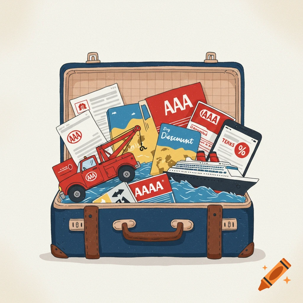 Illustration of an open suitcase overflowing with AAA items: a tow ...