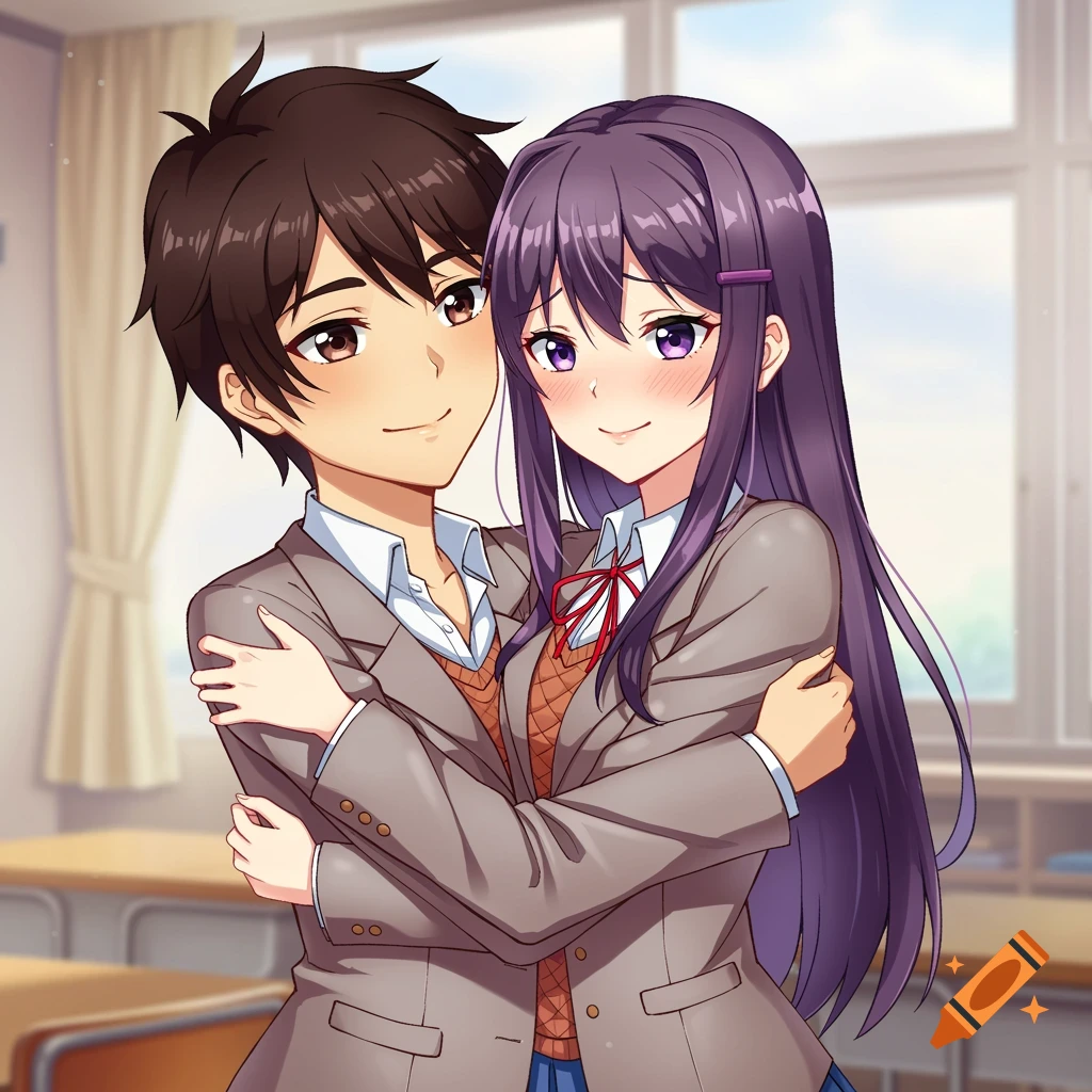 Boy hugging Yuri from Doki Doki Literature Club on Craiyon
