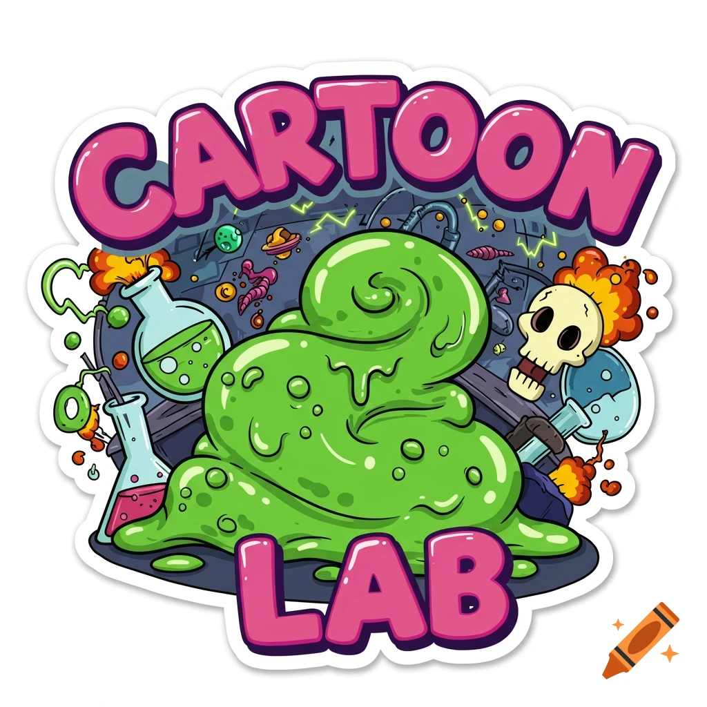 Cartoon lab sticker with green slime and scary elements on Craiyon