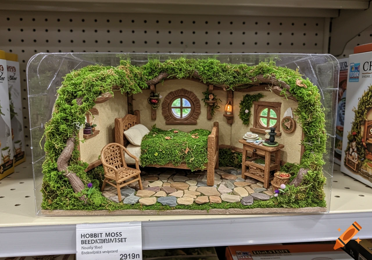 Miniature hobbit moss bedroom set on store shelf on Craiyon