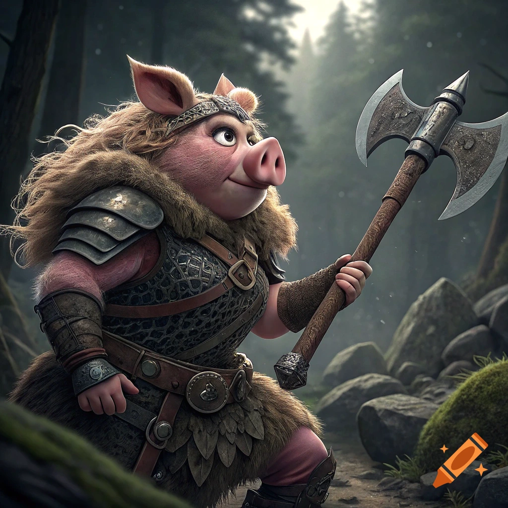 Miss Piggy as a barbarian with a great axe. illustration cartoon style ...