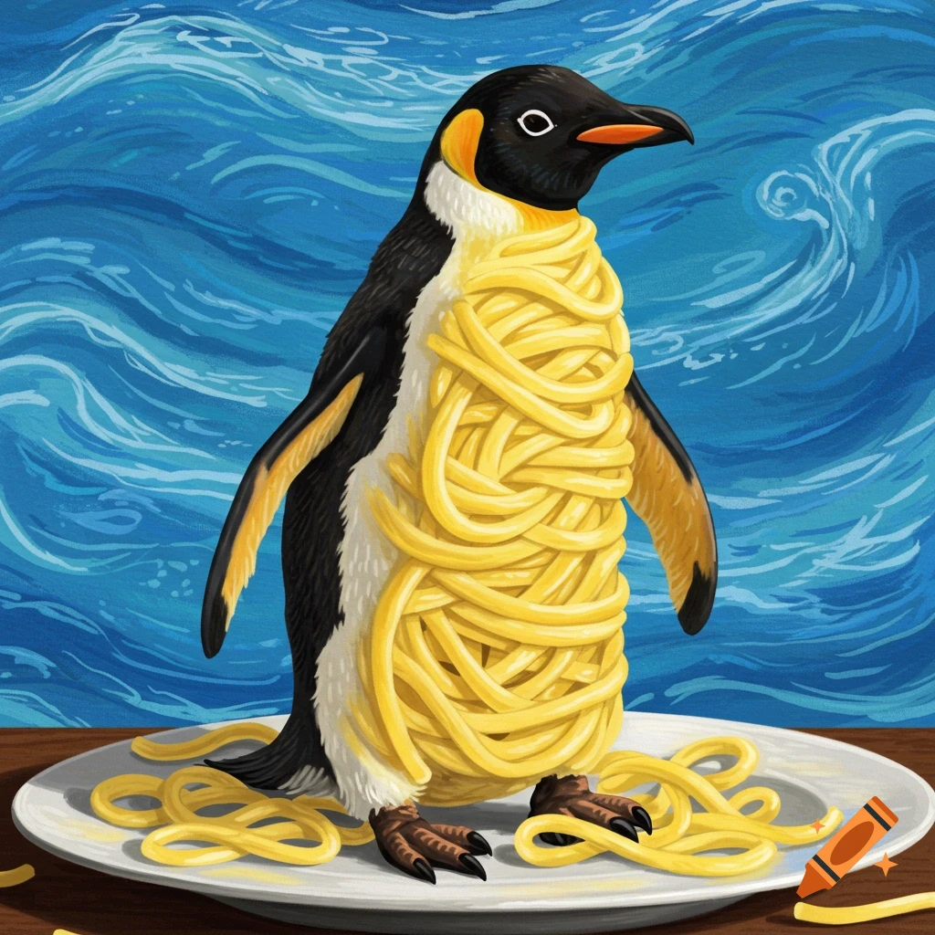 Penguin mixed with fettuccine pasta, creative food art concept.jpg on ...