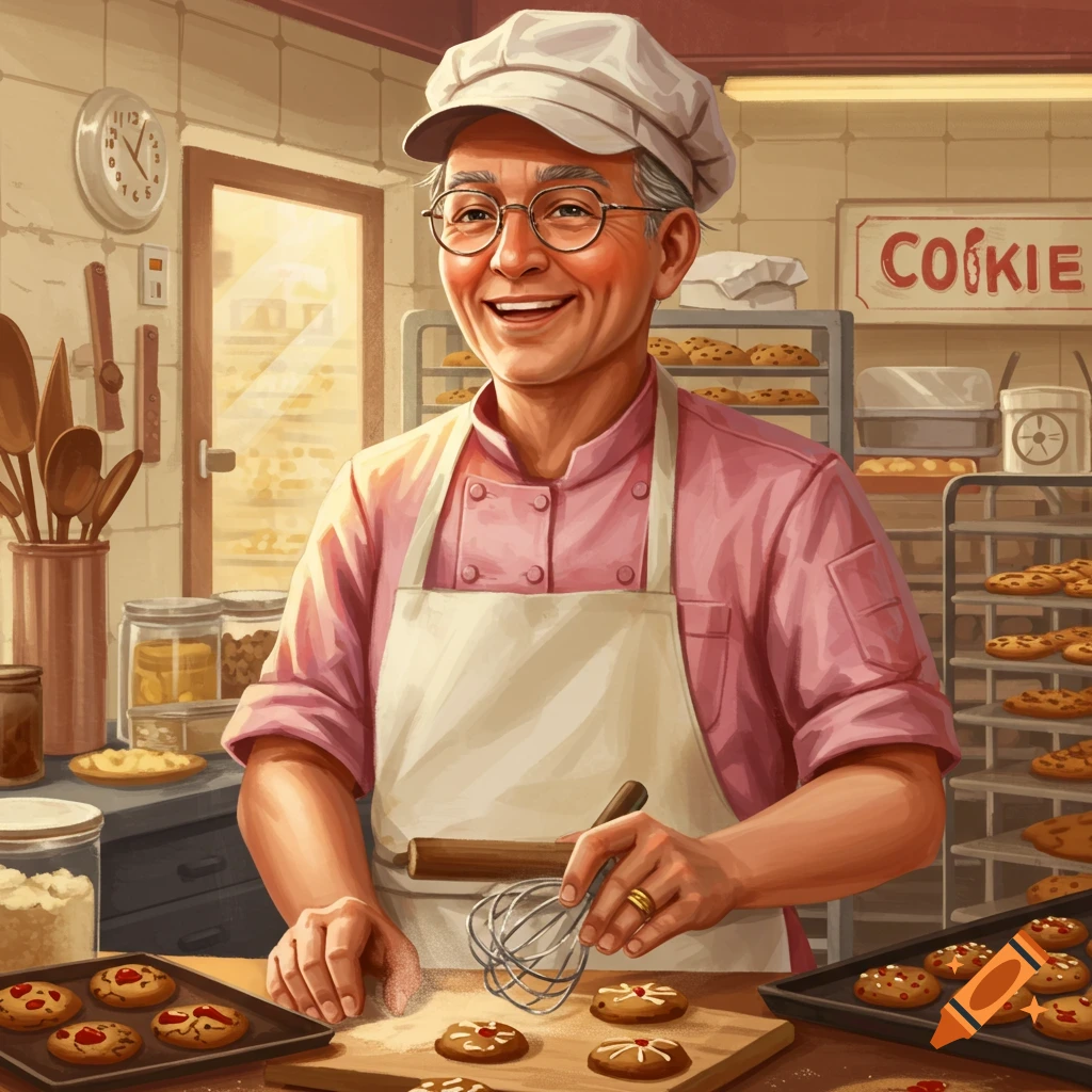 Man laughing and holding a large chocolate chip cookie in a cozy room ...