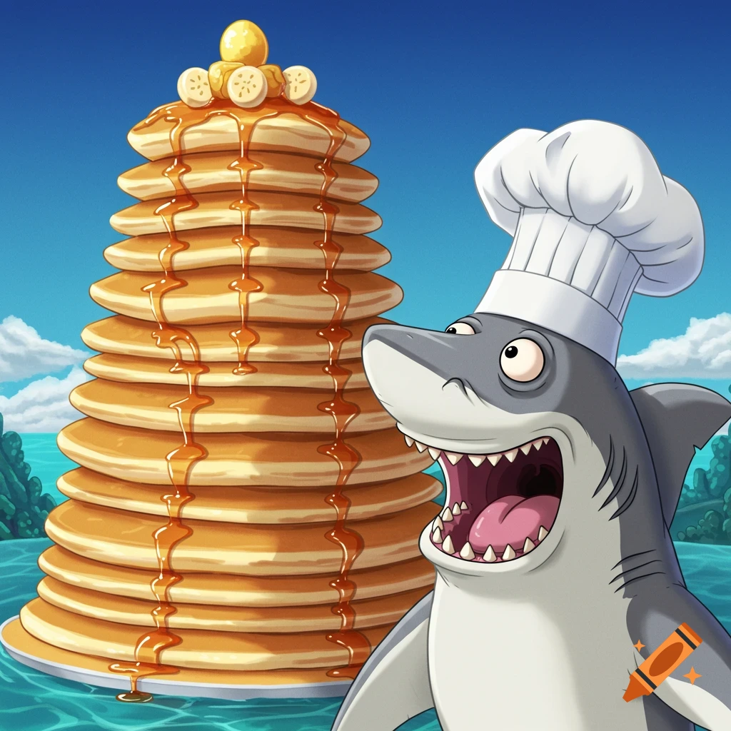 Jeff the landshark with a chef hat about to eat a giant pancake tower ...