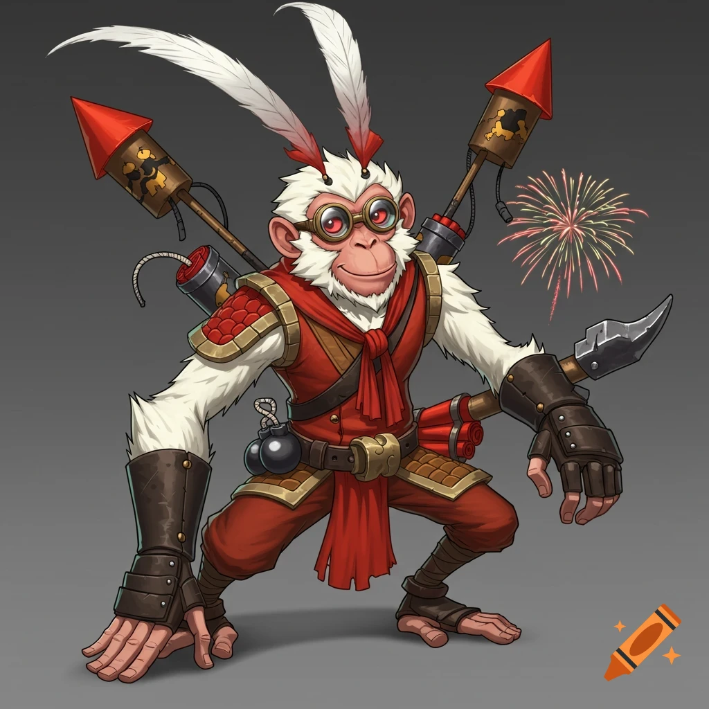 Animated humanoid macaque with goggles and Wukong-style antennae. on ...