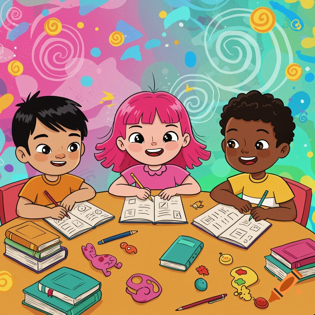 A whimsical cartoon shows three diverse children studying at a table ...