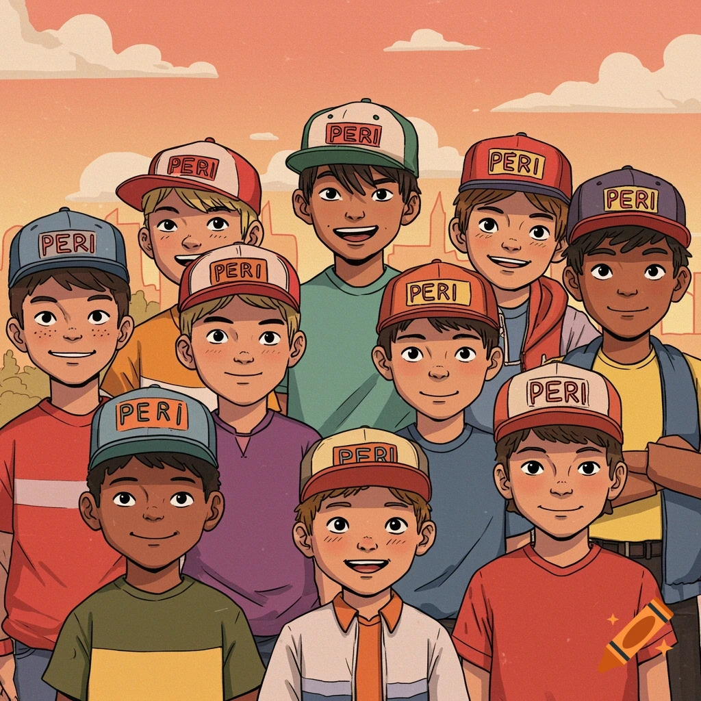 Boys wearing PERI hats on Craiyon