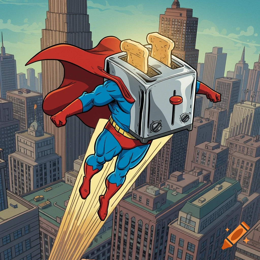 Superhero with a toaster head flying over a city in comic style on Craiyon