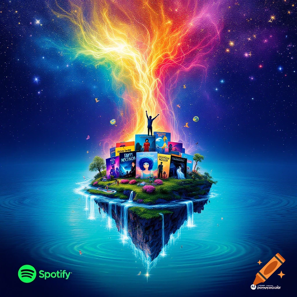 A floating island with waterfalls, trees, album covers, and a figure ...