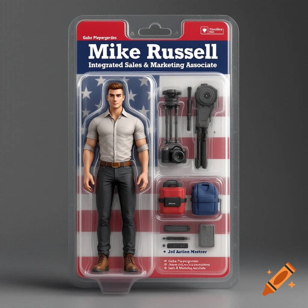 3D render of a Mike Russell action figure in blister packaging with a ...