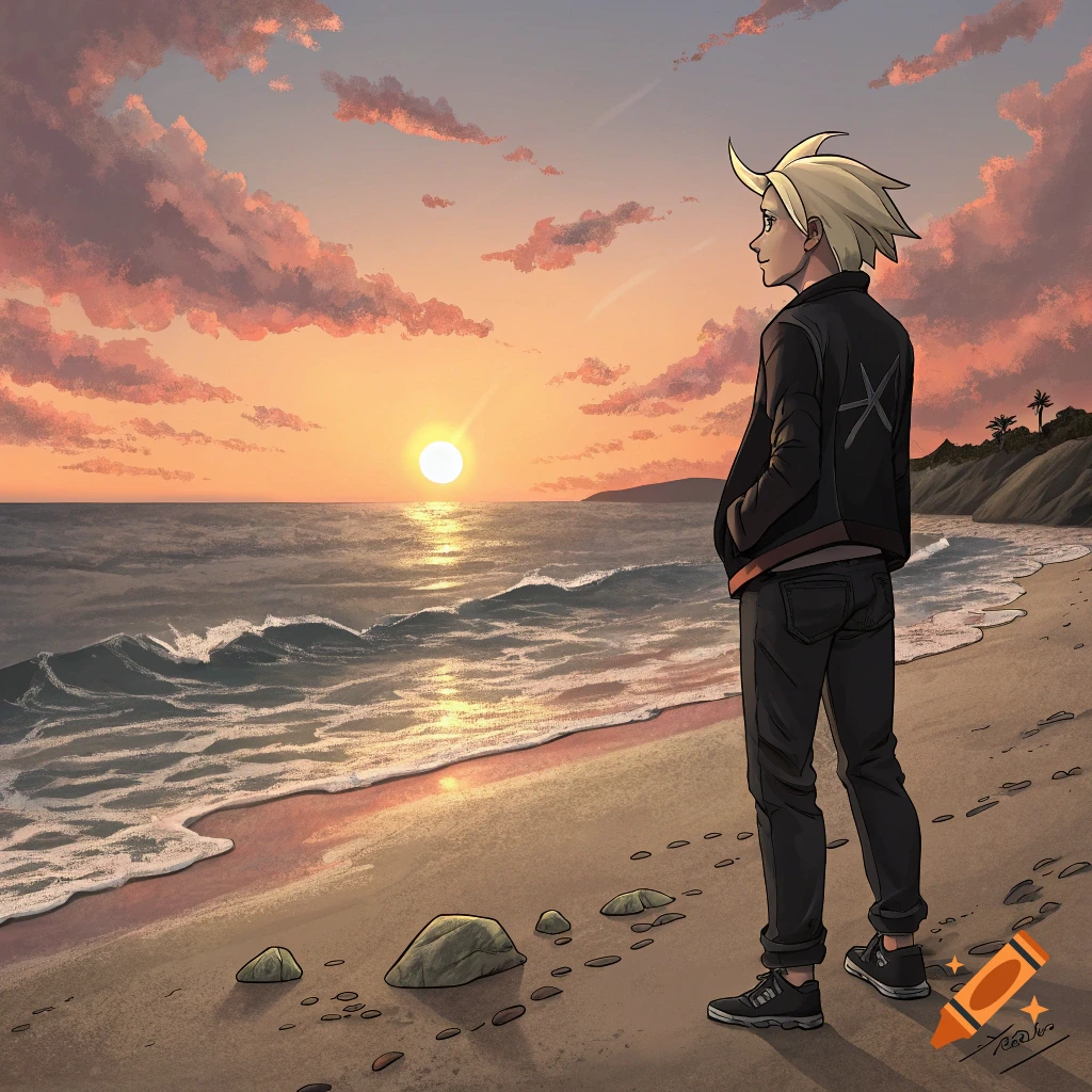 Gladion from Pokemon at a beach at sunset on Craiyon