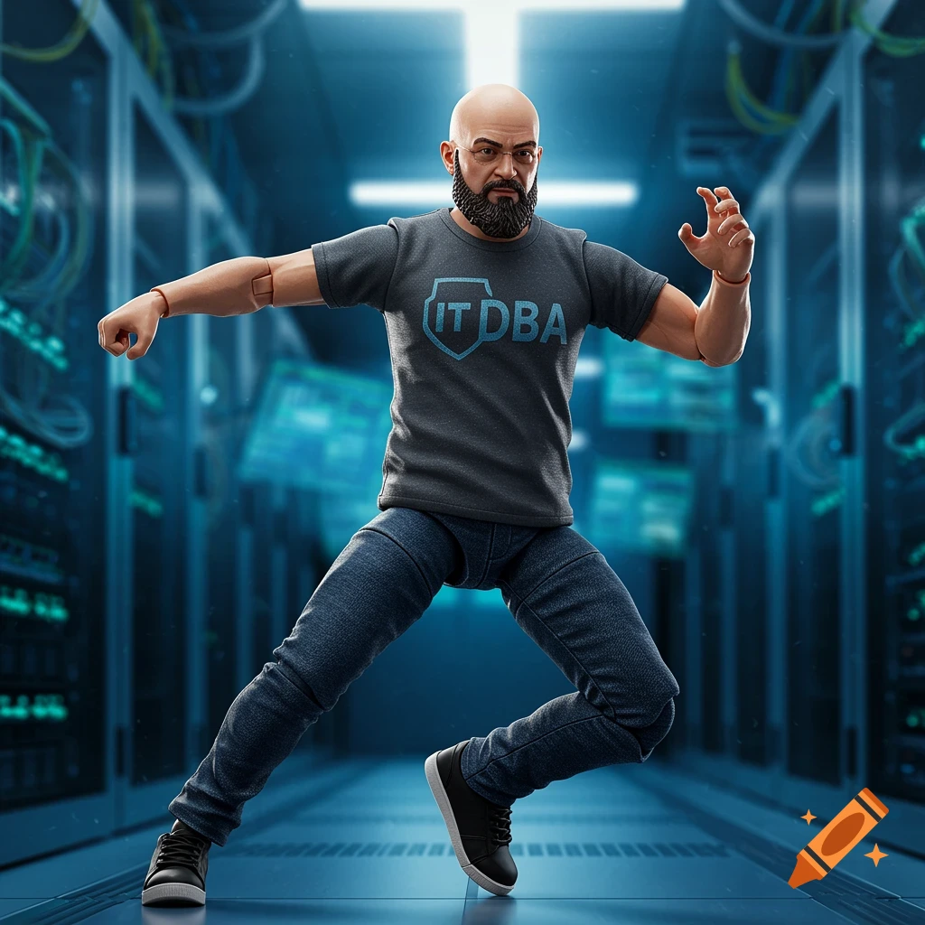 Action figure style image of IT DBA bald beard guy on Craiyon