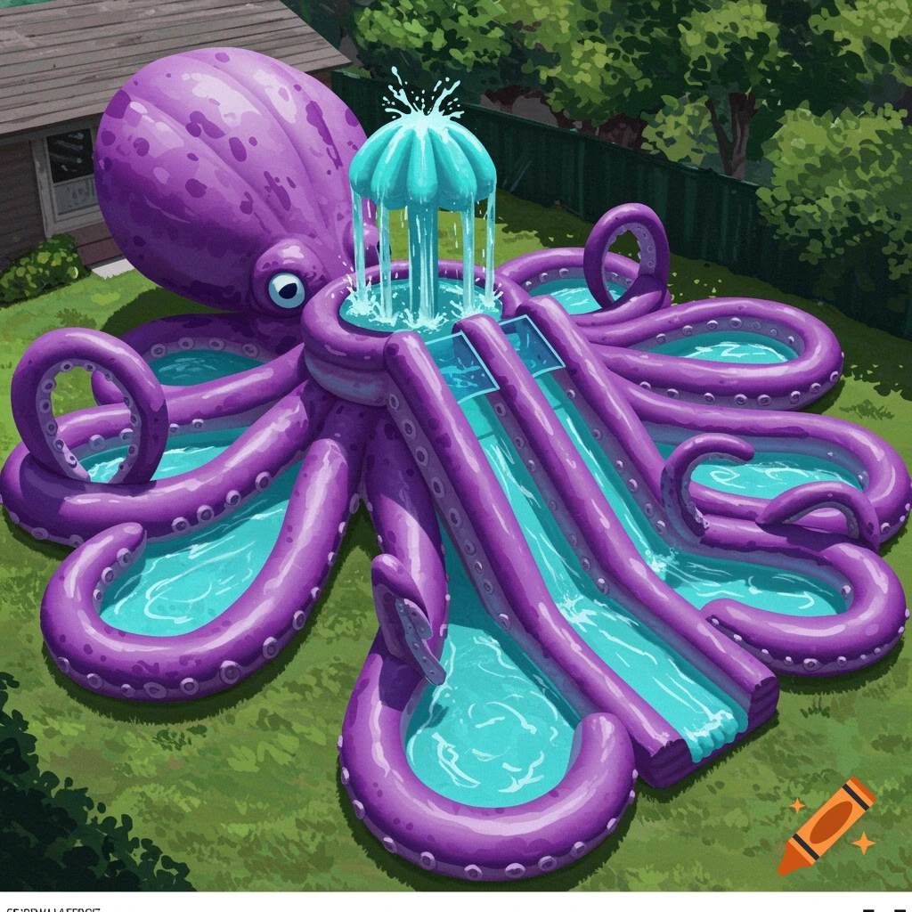 Inflatable octopus water slide in a yard on Craiyon