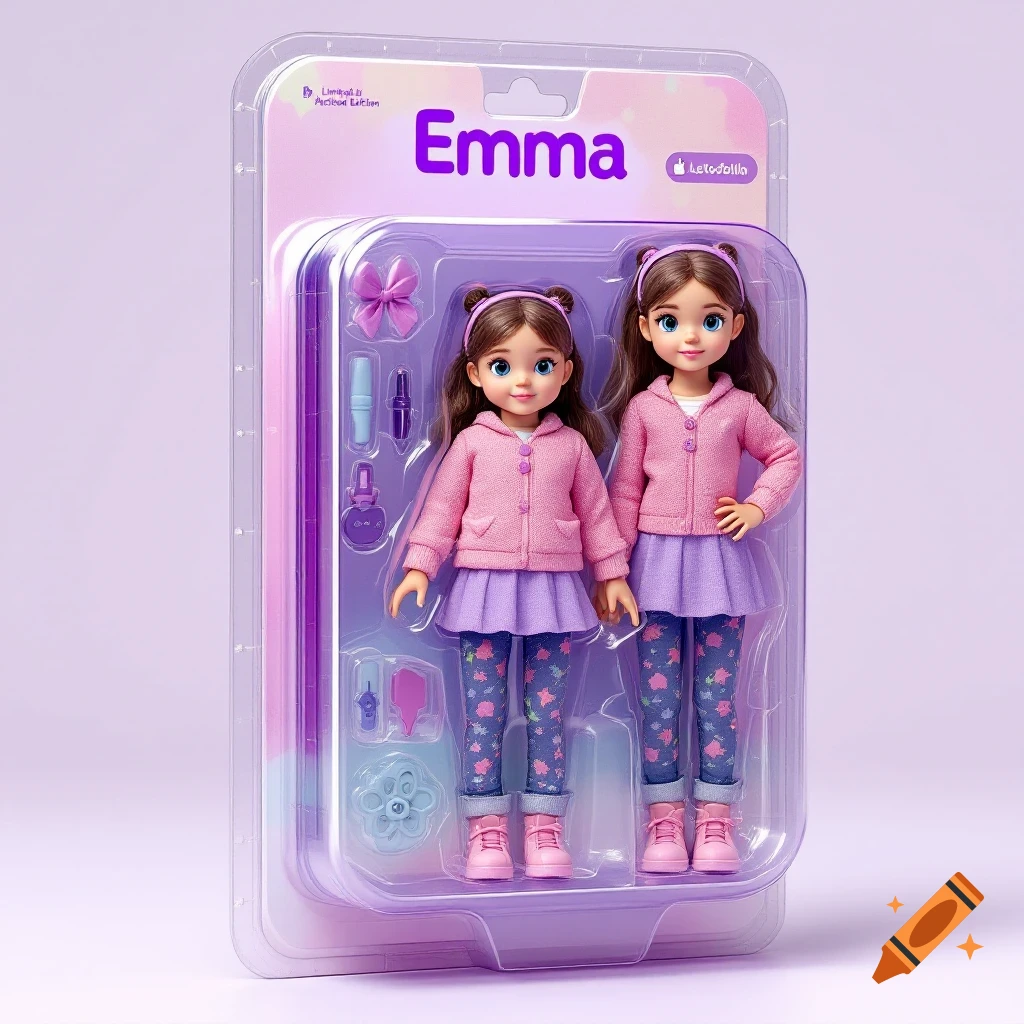 Photorealistic action figure of toddler Emma in designer packaging on ...