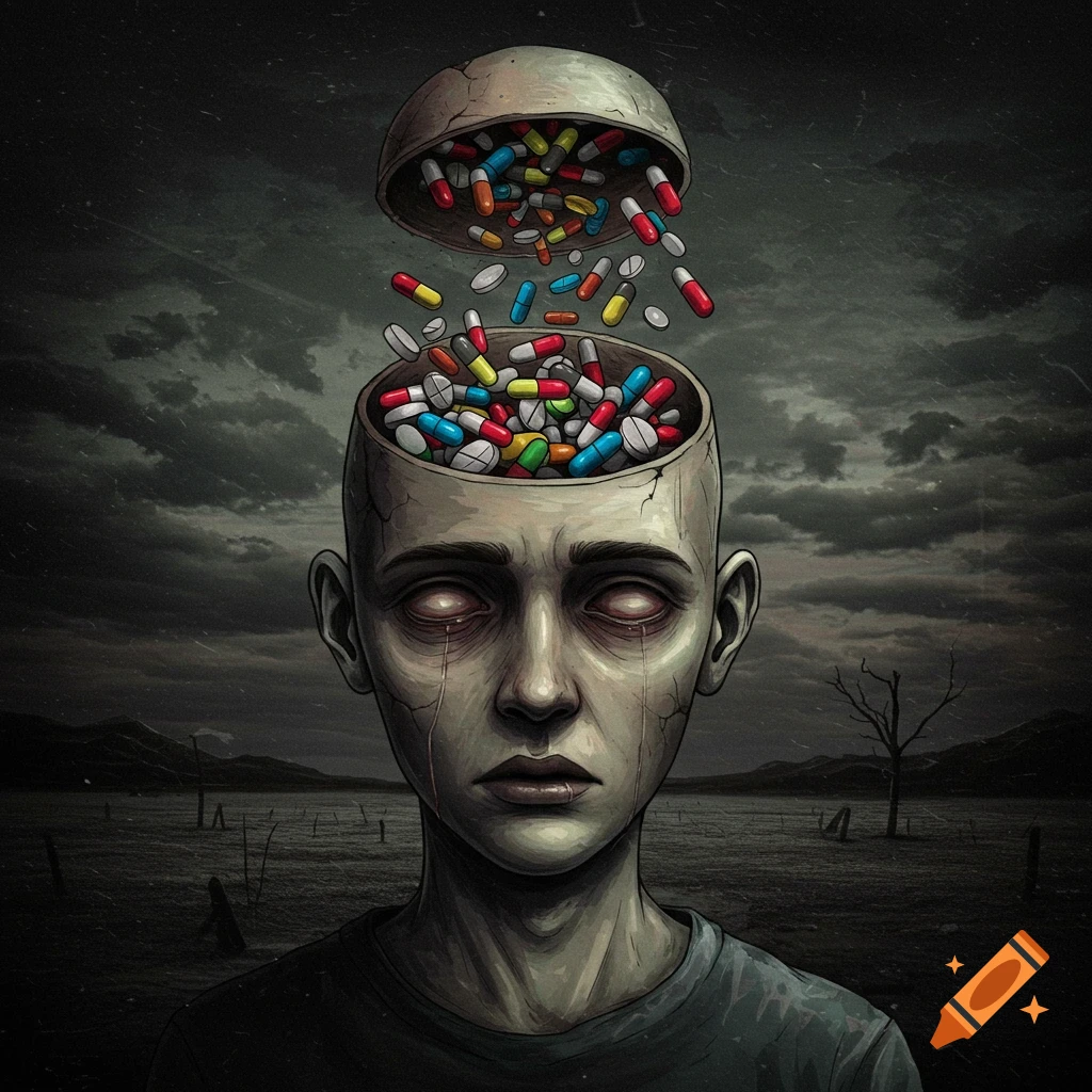 Surreal image of a person's head opening up, filling with colorful ...