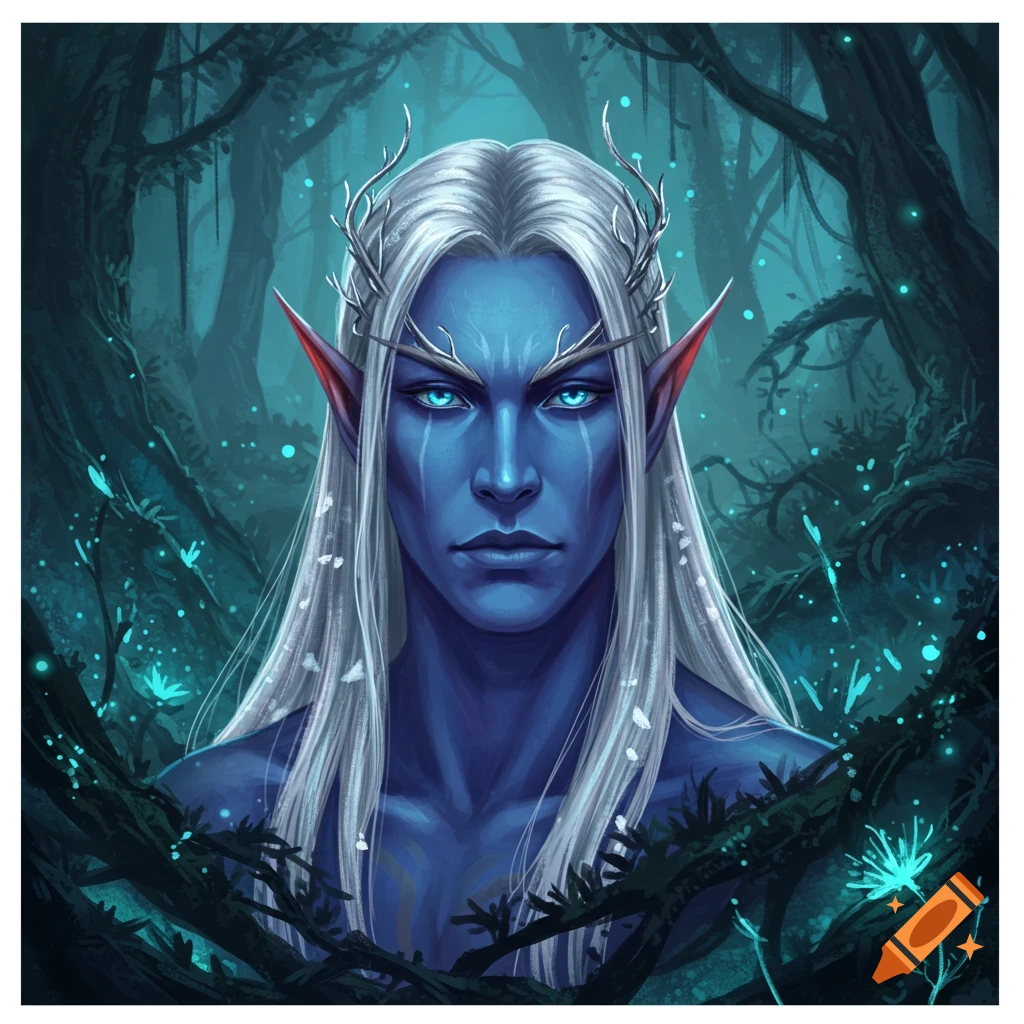 A blue-skinned, silver-haired elf with glowing blue eyes in a dark ...