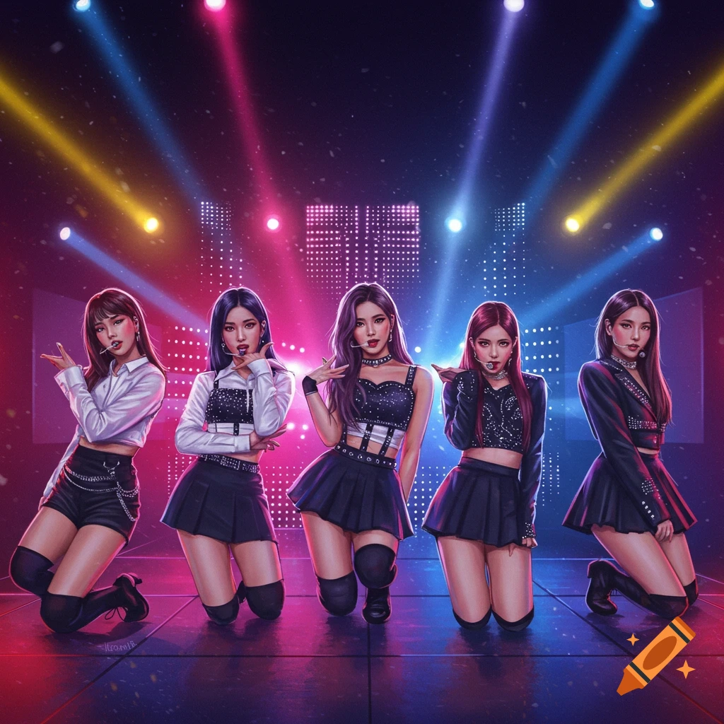 Five women in stage outfits posing on a stage with spotlights. on Craiyon