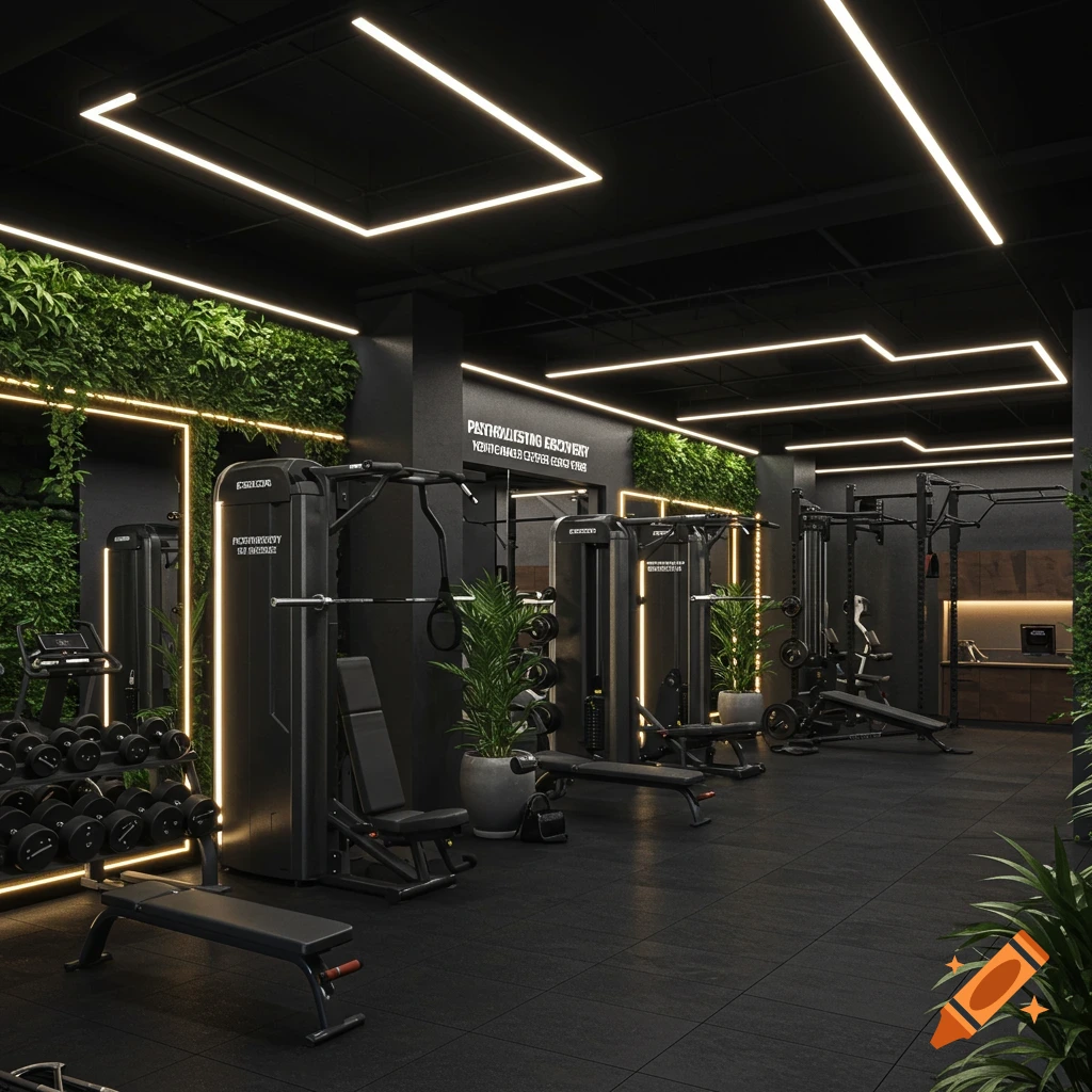 Modern gym interior with black equipment, plants, and bright LED lights ...