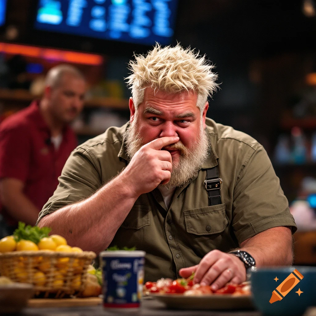 Guy Fieri picking his nose on the set of Guy's Grocery Games on Craiyon