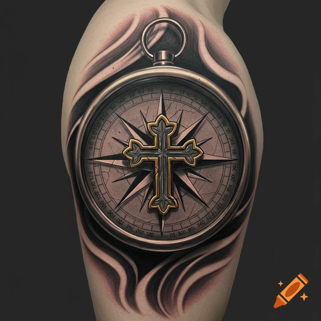 Black and grey realism tattoo of a compass with a needle on an arm. on ...