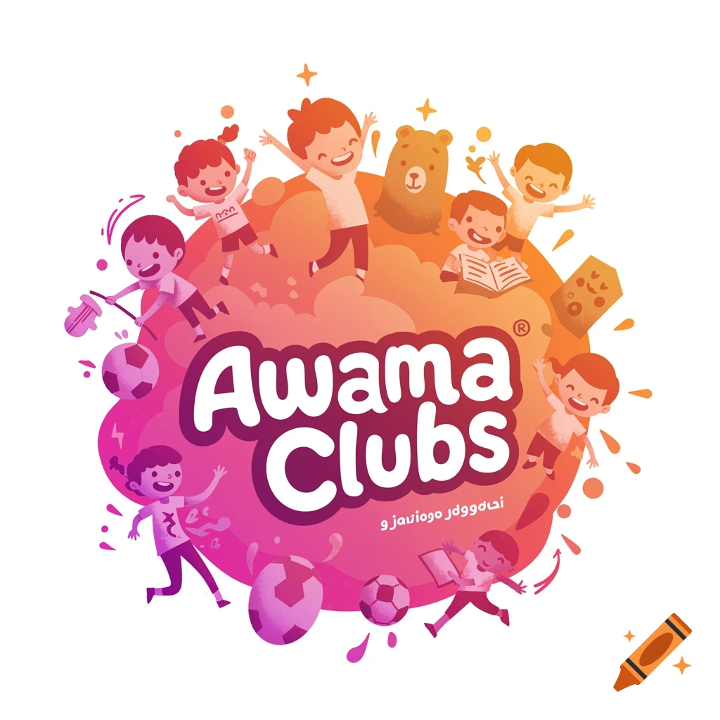 Colorful logo for Awama Clubs featuring children, a bear, books, and ...