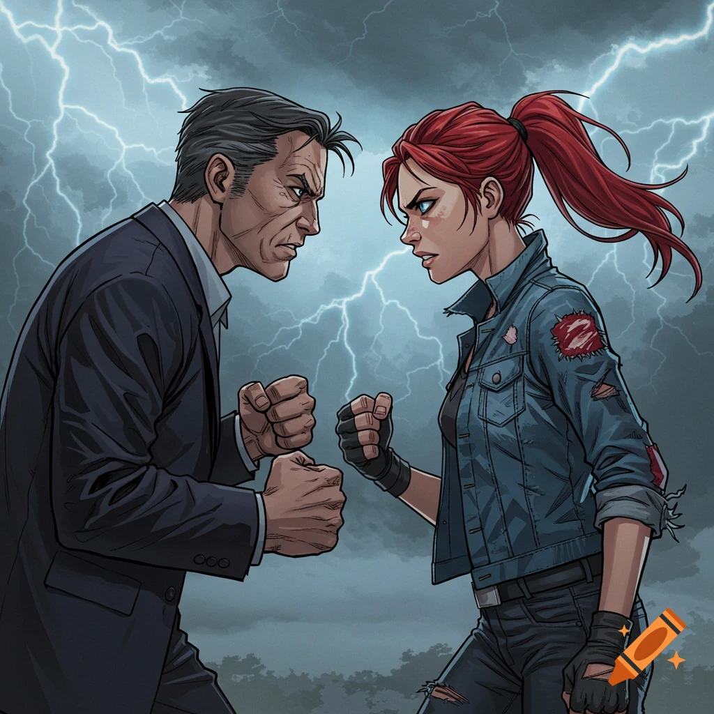 Comic art of a man and woman with fists raised facing each other under ...