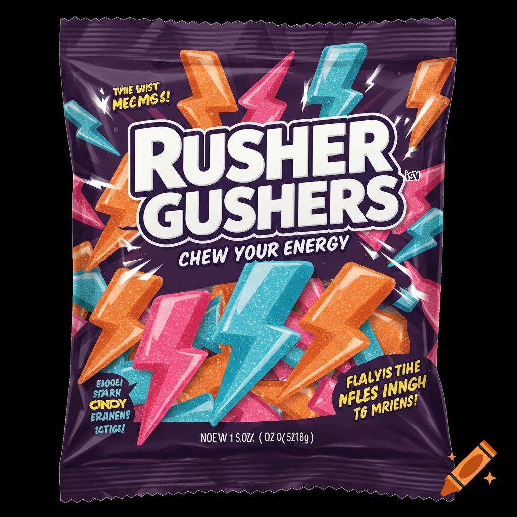RUSHER GUSHERS gummy candy with Chew Your Energy slogan on Craiyon