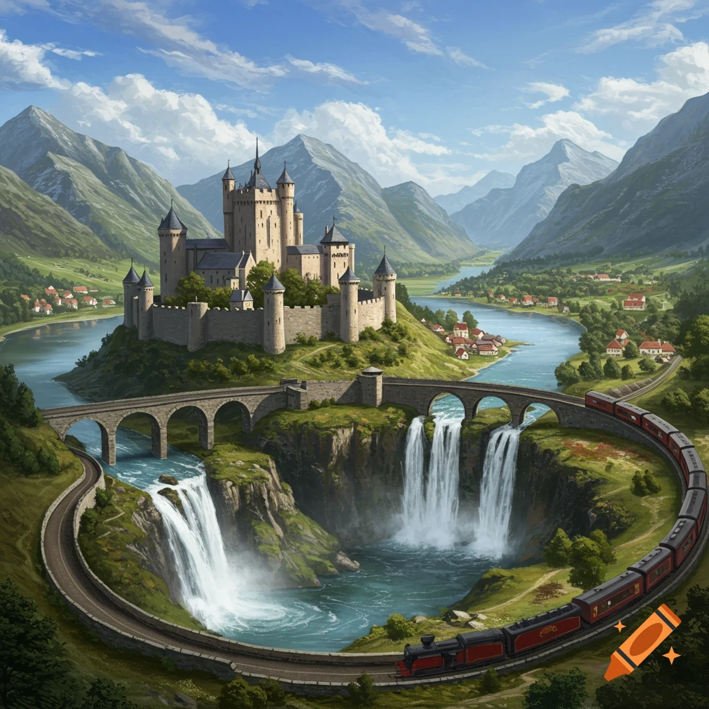 Castle with stone keep, moat, bailey walls, village, and waterfall on ...