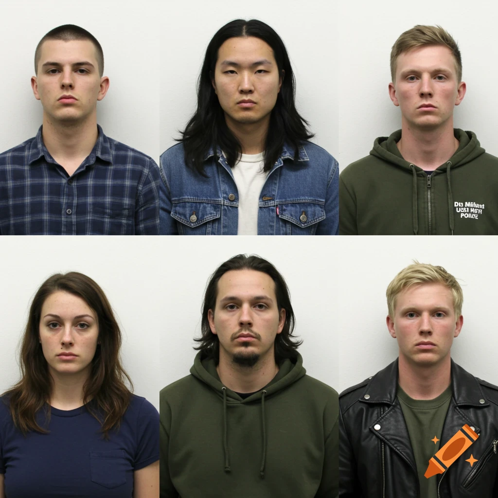 Police suspect lineup with one woman and five men on Craiyon